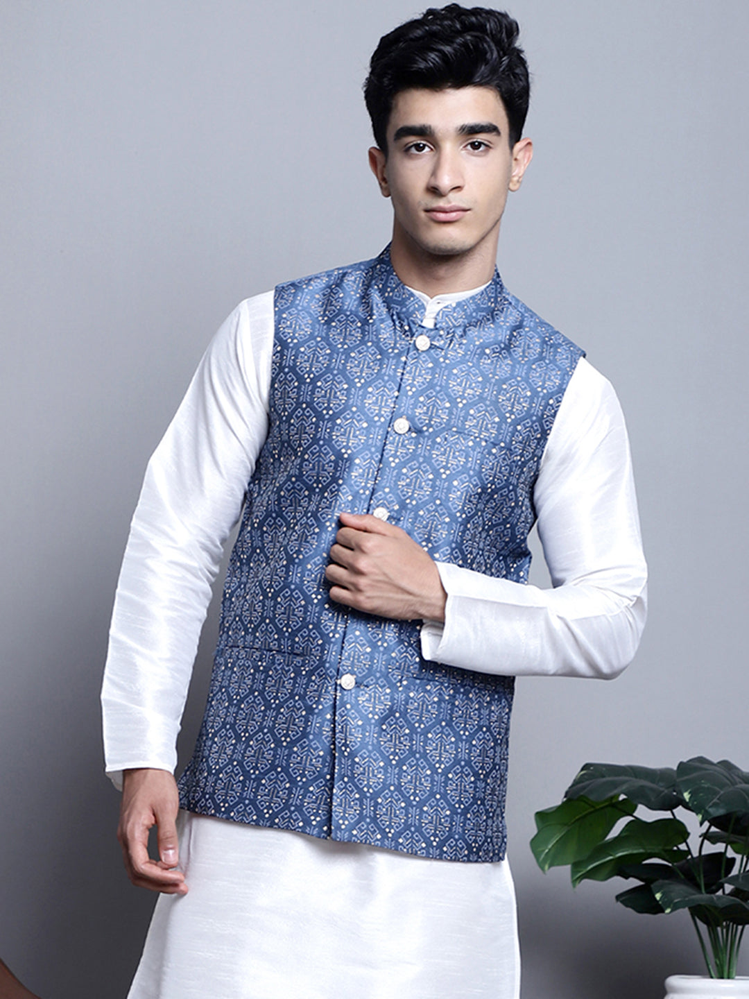 Men's Indian Vest Nehru Jacket Brocade Geometric Pattern (Blue) – Maple ...