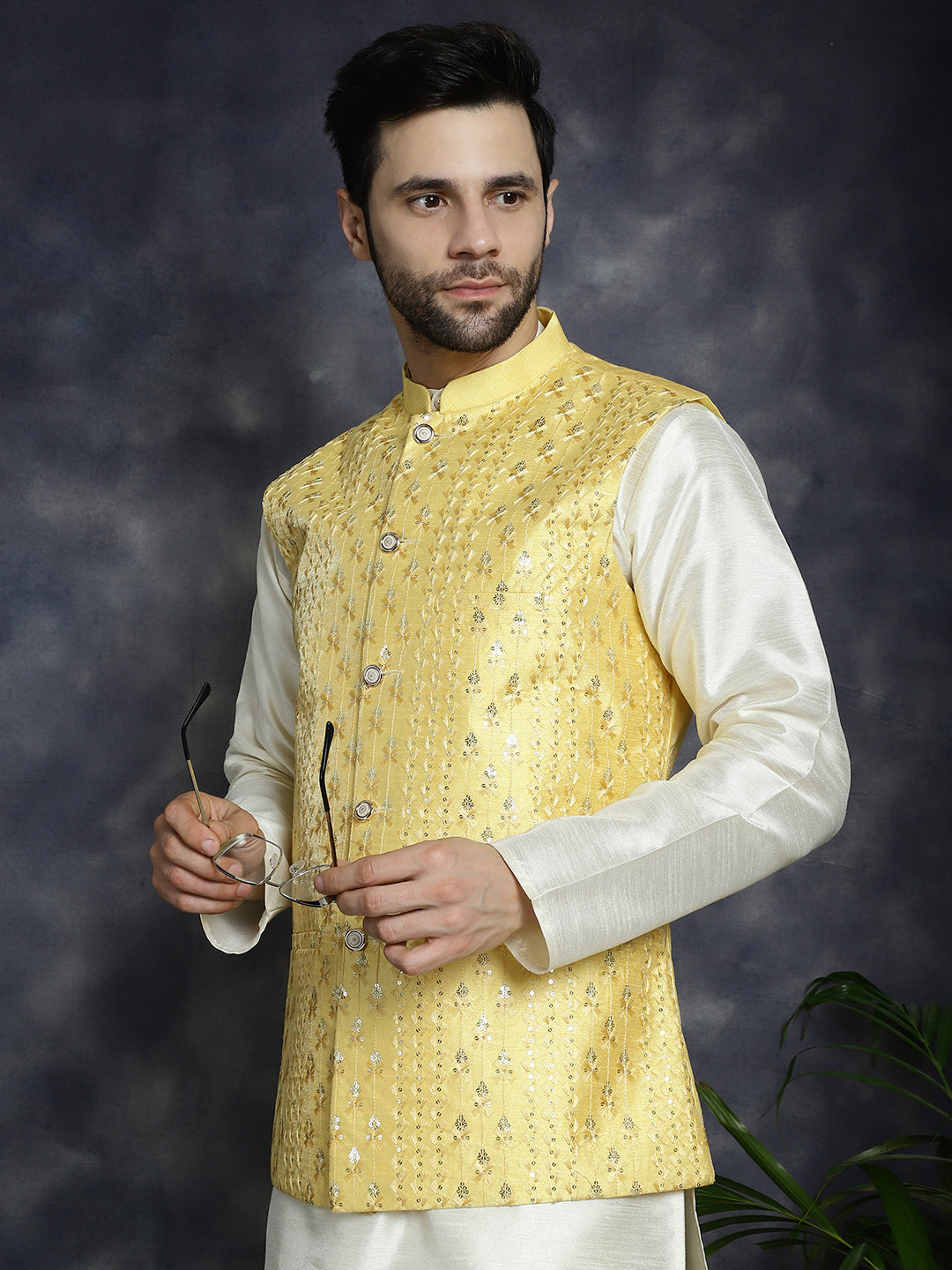 Sleeveless Nehru Jacket Indian Waistcoat for Men (Yellow) – Maple ...