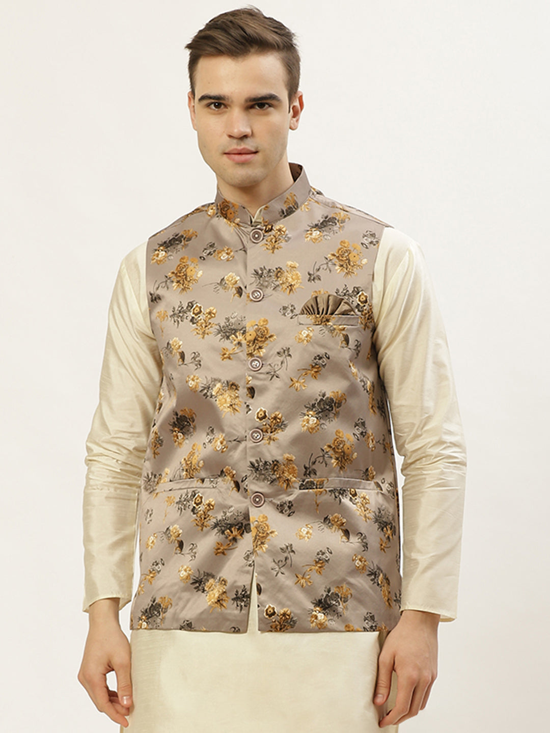 Indian Waistcoat Men's Modi Jacket Floral Print (Brown-Gold) – Maple ...