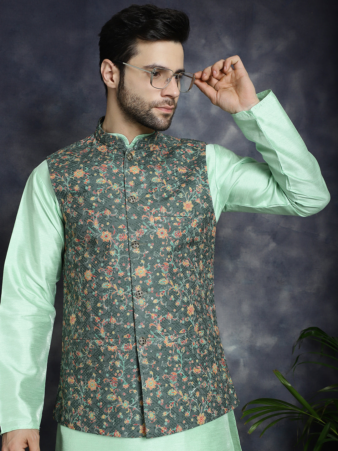 Men's Nehru Jacket Indian Vest Chikankari & Sequins Work (Olive ...