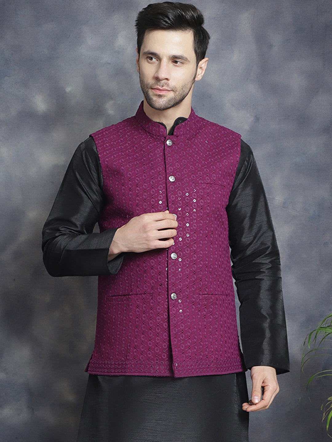 Men's Indian Waistcoat Cotton Modi Vest With Sequins Work (Purple ...